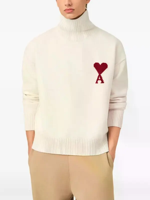 AMI Paris Funnel Neck Wool Sweater With De Coeur Motif - Neutrals