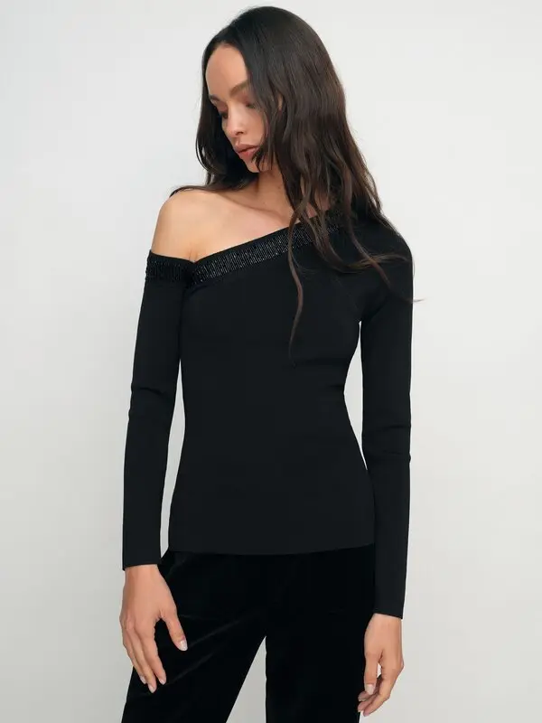 REISS Maddie Bead-detail Off-shoulder Knit Top