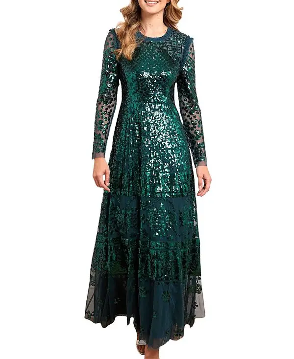 NEEDLE & THREAD Aurora Long Sleeve Gown - Emerald