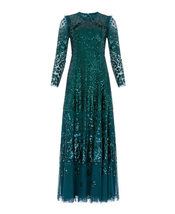 NEEDLE & THREAD Aurora Long Sleeve Gown - Emerald