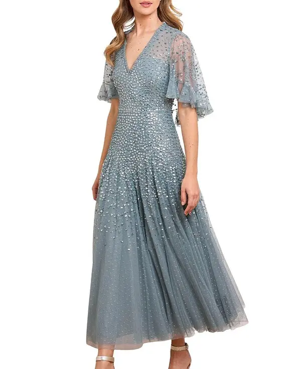 NEEDLE & THREAD Dappled Sequin Cape Ankle Gown - Thistle Blue