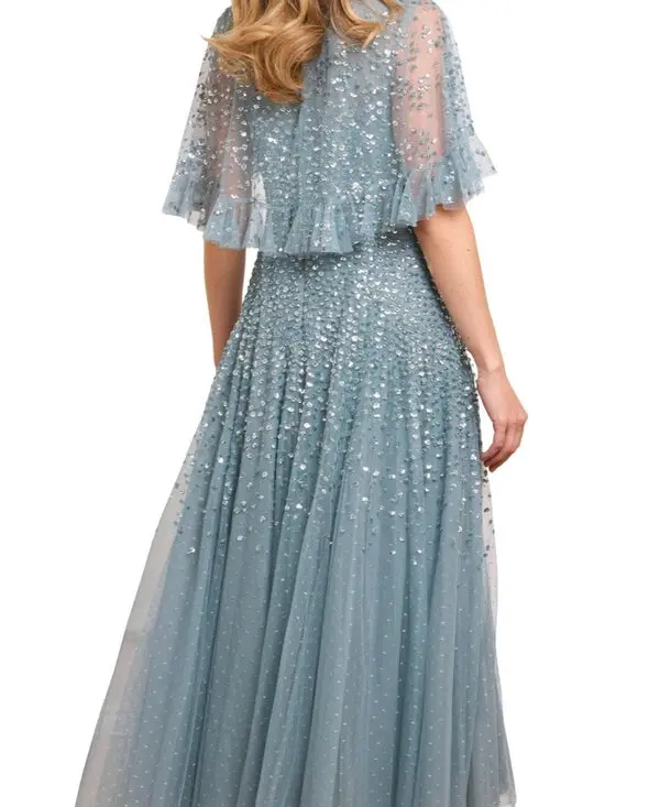 NEEDLE & THREAD Dappled Sequin Cape Ankle Gown - Thistle Blue