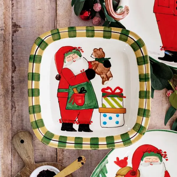 VIETRI Old St. Nick Small Rimmed Square Platter With Teddy Bear