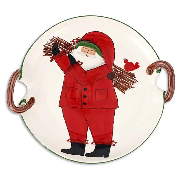 VIETRI Old St. Nick Handled Round Platter With Sticks - Red