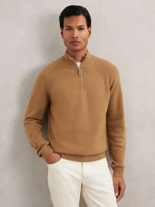 REISS Wool And Cashmere Half-zip Jumper - Camel