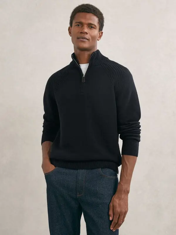 REISS Wool And Cashmere Half-zip Jumper - Navy