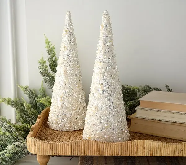 VALERIE PARR HILL Set Of 2 Pearl And Glitter Cone Trees Valerie - One-color