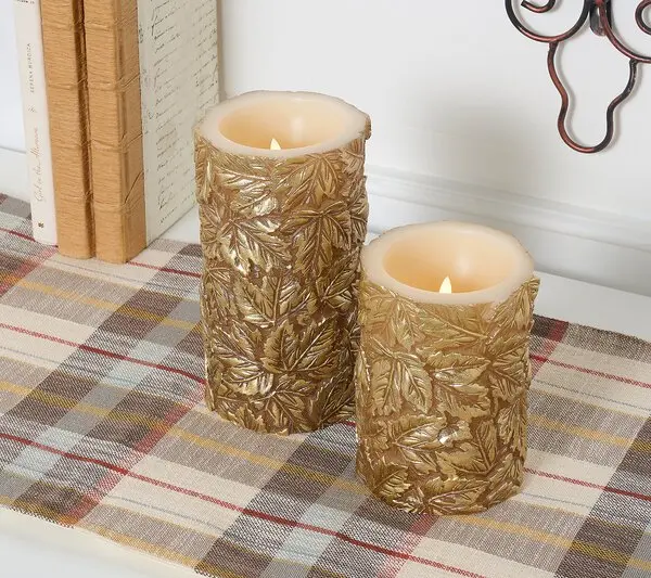 HOME REFLECTIONS S/2 Flameless Metallic Leaf Pillar Candles - One-color