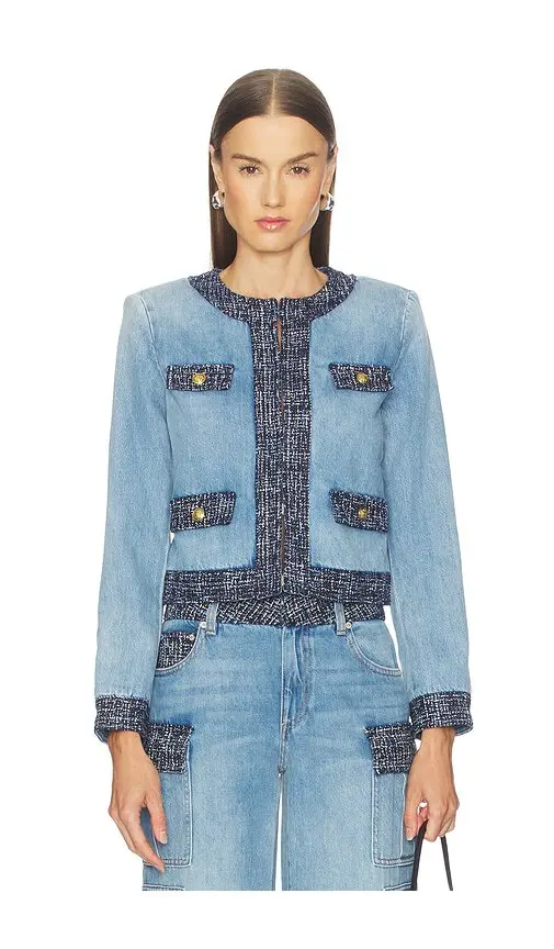 Alice + Olivia Landon Cropped Denim Jacket With Tweed Trim