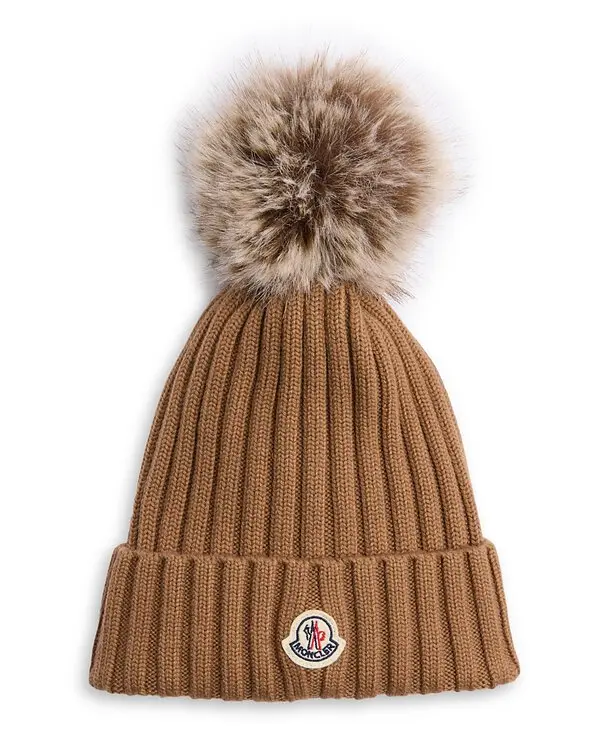 Moncler Rib Knit Hat With Logo - Tan