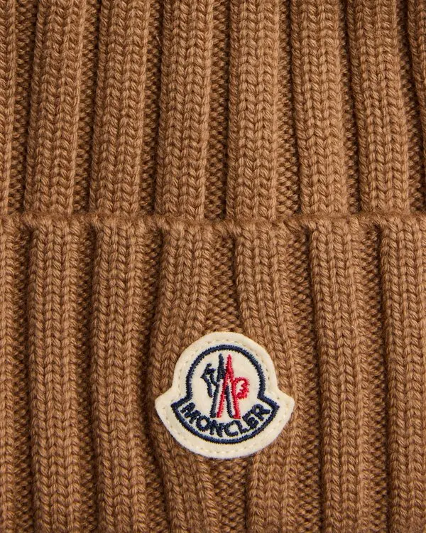 Moncler Rib Knit Hat With Logo - Tan