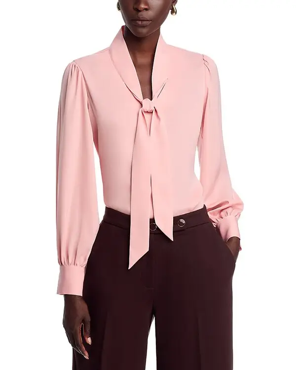 T Tahari Long Sleeve Tie Neck Blouse - Stone Pink