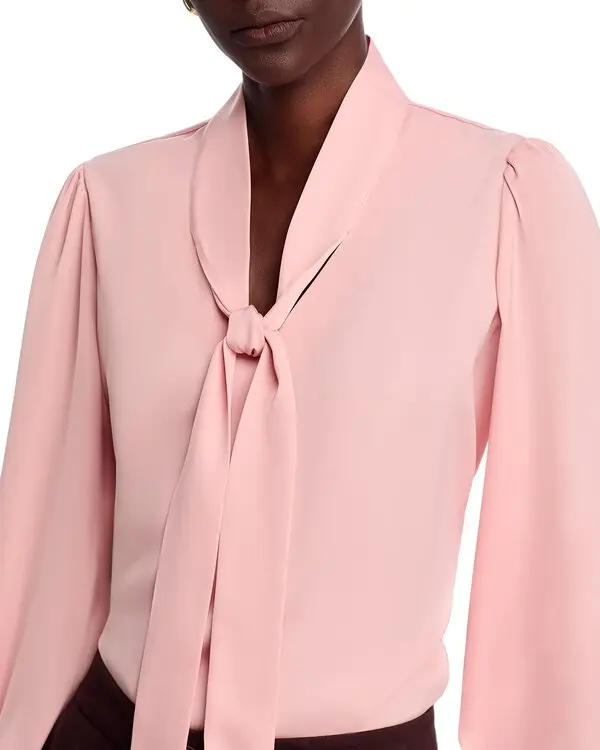 T Tahari Long Sleeve Tie Neck Blouse - Stone Pink