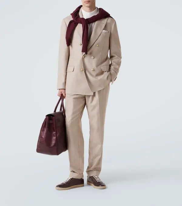 Brunello Cucinelli Houndstooth Cashmere And Silk Suit Jacket - Beige