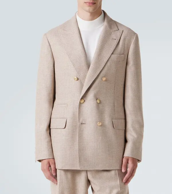 Brunello Cucinelli Houndstooth Cashmere And Silk Suit Jacket - Beige