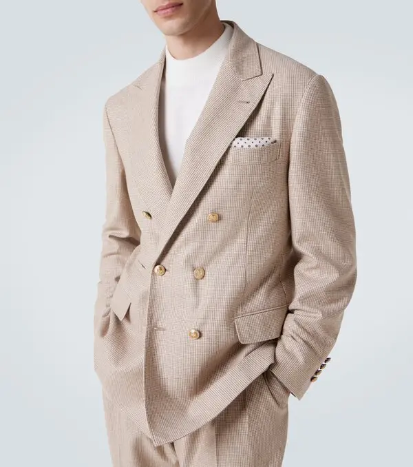 Brunello Cucinelli Houndstooth Cashmere And Silk Suit Jacket - Beige