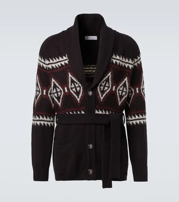 Brunello Cucinelli Jacquard Wool, Silk, And Cashmere Cardigan - Black