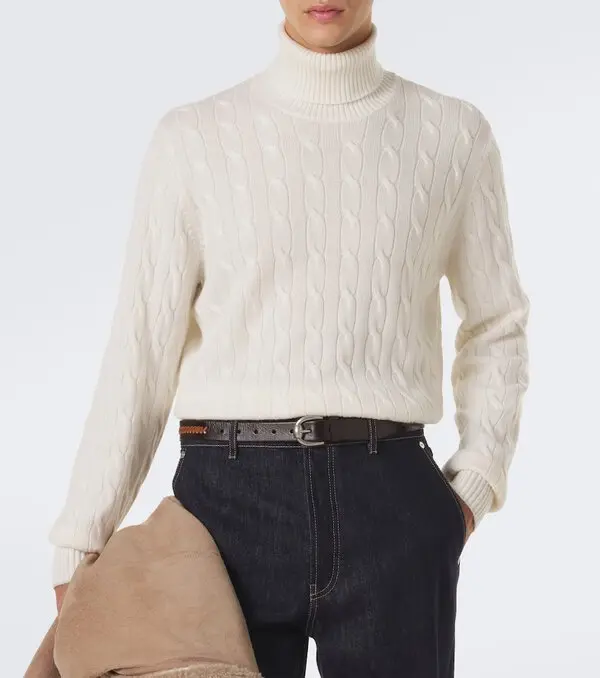 Brunello Cucinelli Cable-knit Cashmere Turtleneck Sweater - White