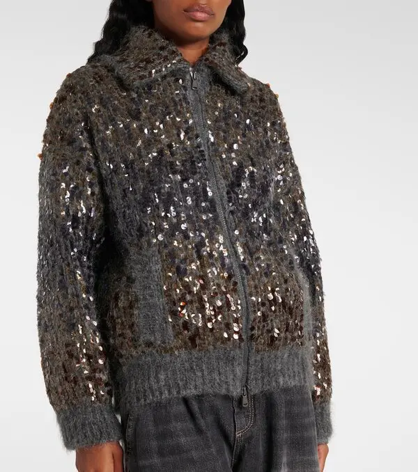 Brunello Cucinelli Sequined Mohair-blend Zip-up Sweater