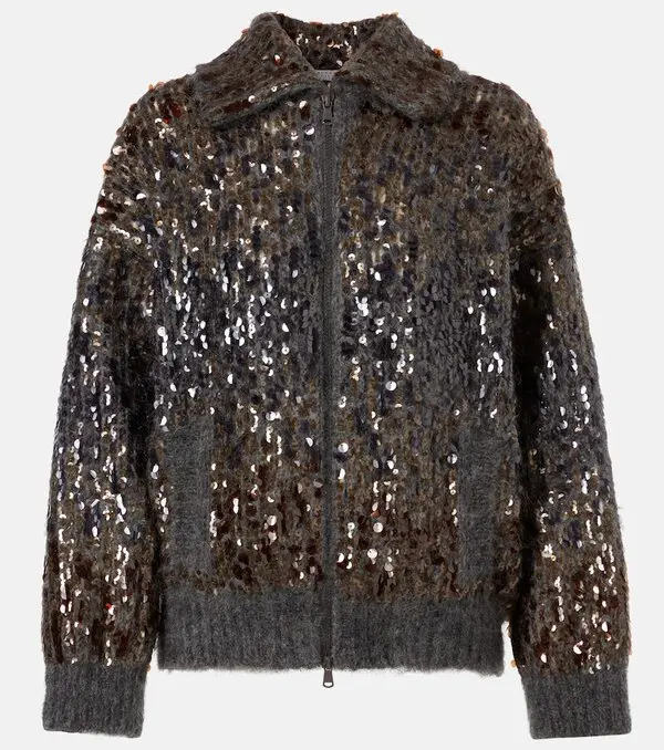 Brunello Cucinelli Sequined Mohair-blend Zip-up Sweater - Grey