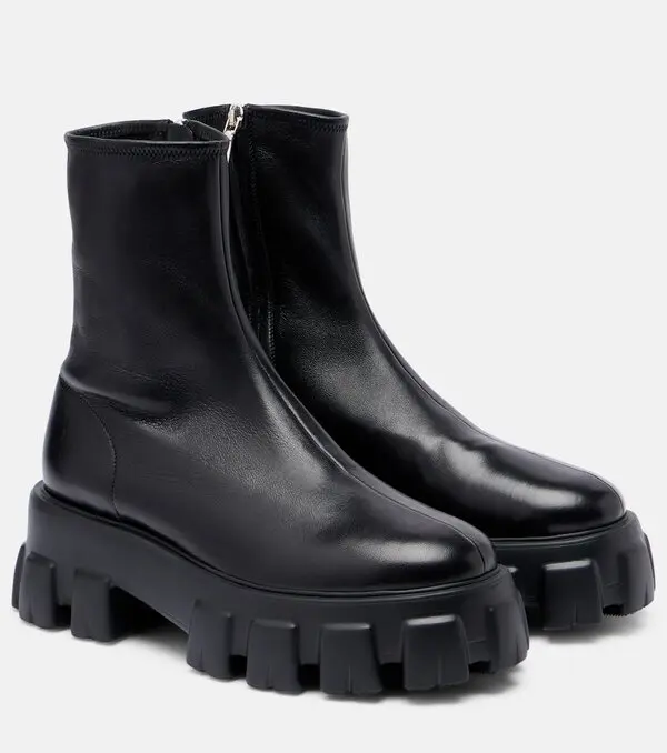 Prada Monolith Leather Ankle Boots - Black