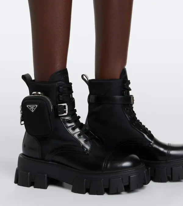Prada Monolith Leather Ankle Boots - Black