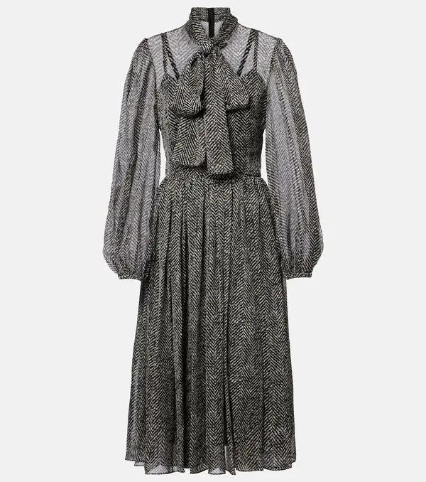 Dolce & Gabbana Chevron Tie-neck Silk-blend Midi Dress - Black