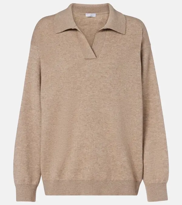 Brunello Cucinelli Monili Cashmere-blend Polo Sweater - Beige