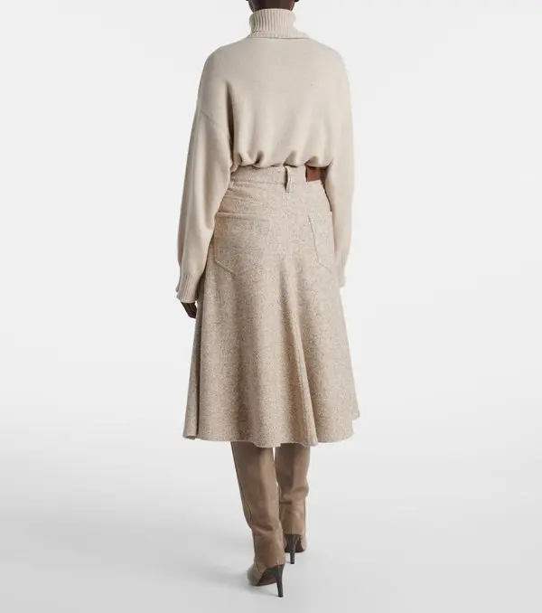 Brunello Cucinelli Monili Wool And Silk-blend Midi Skirt - Beige
