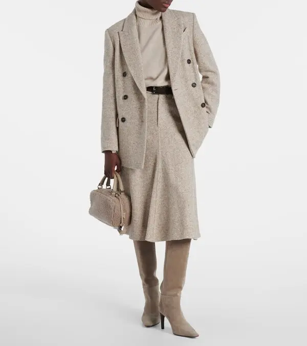 Brunello Cucinelli Monili Wool And Silk-blend Midi Skirt - Beige