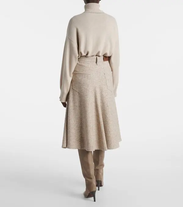 Brunello Cucinelli Monili Wool And Silk-blend Midi Skirt - Beige
