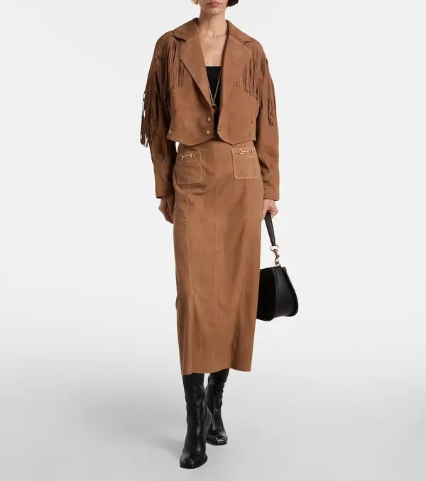 Rixo Edwina High-waist Suede Midi Skirt - Beige