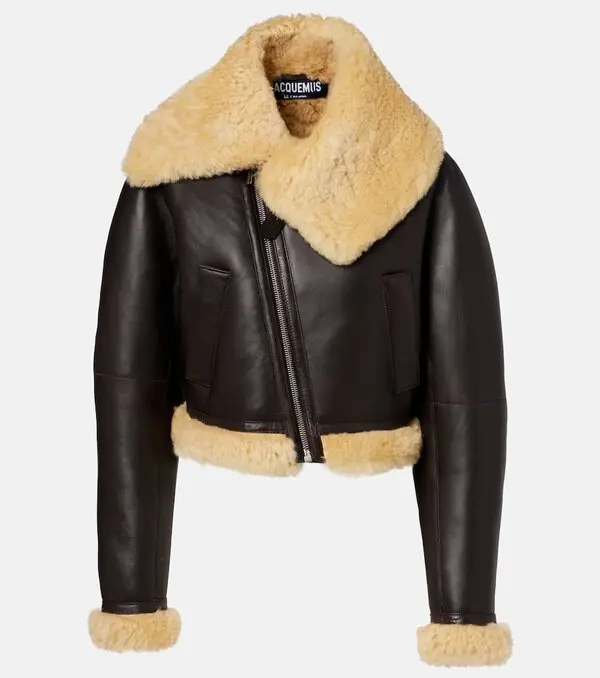 Jacquemus Aviatore Cropped Shearling-trimmed Leather Jacket - Brown