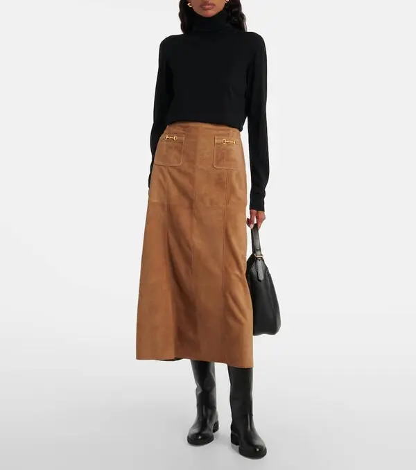 Rixo High-waist Suede Midi Skirt - Beige