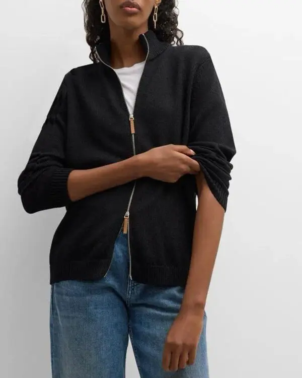 Lafayette 148 New York Cotton-silk Tape Fitted Bomber Sweater - Black