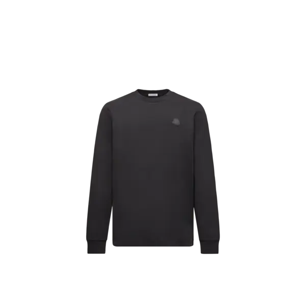 Moncler Leather Logo Long Sleeve Cotton T-shirt - Black