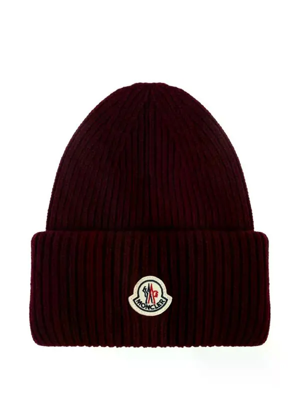 Moncler Logo Patch Ribbed Beanie - Red