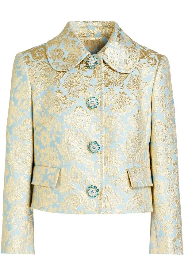 Dolce & Gabbana Cropped Embellished Metallic Brocade Jacket - Sky Blue
