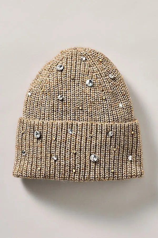 FLAT WHITE Rhinestone Beanie - Taupe