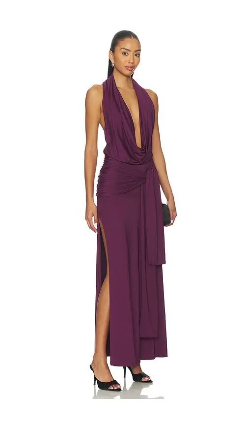 Superdown Arwen Maxi Dress With Cowl Halter Neckline And Tie Detail - Plum