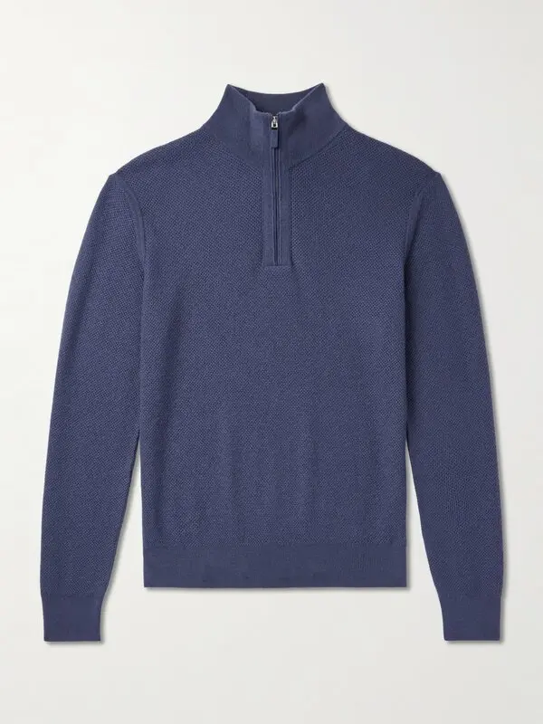 Zegna Oasi Leather-trimmed Cashmere Half-zip Sweater - Blue