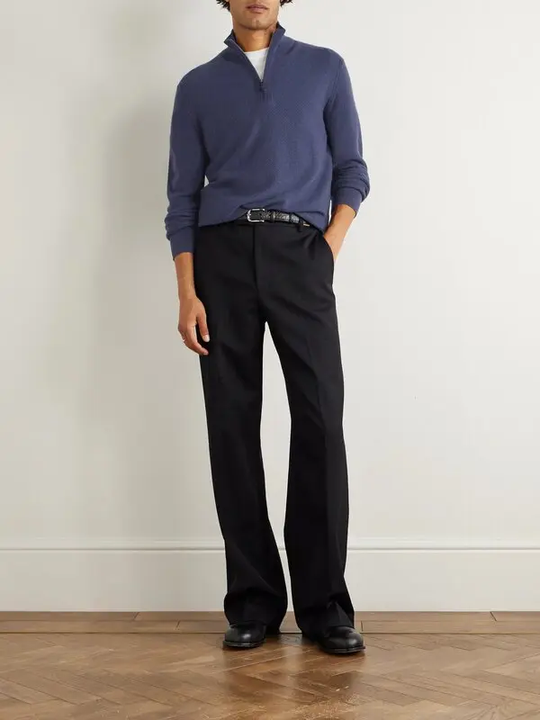 Zegna Oasi Leather-trimmed Cashmere Half-zip Sweater - Blue