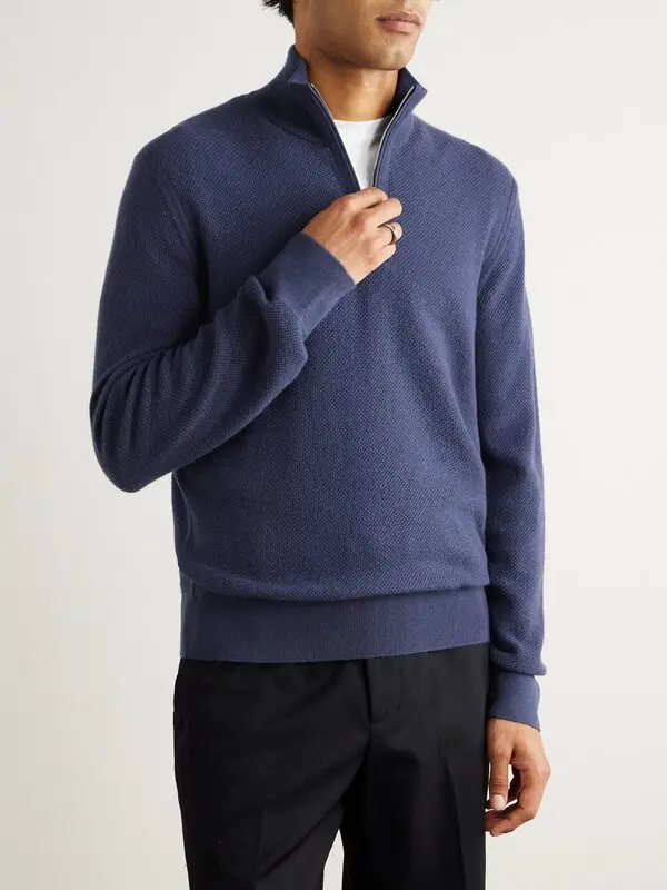 Zegna Oasi Leather-trimmed Cashmere Half-zip Sweater - Blue