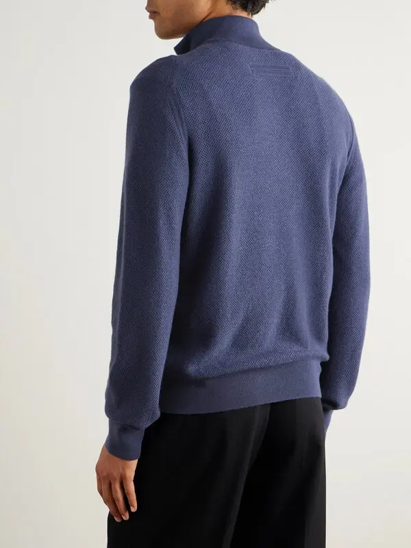 Zegna Oasi Leather-trimmed Cashmere Half-zip Sweater - Blue