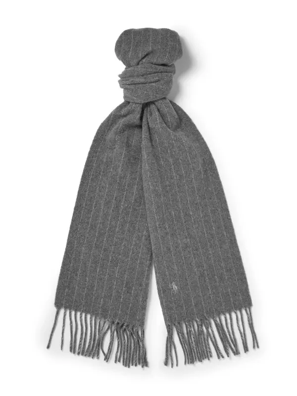 Ralph Lauren Logo-embroidered Fringed Pinstriped Cashmere And Wool-blend Scarf - Gray