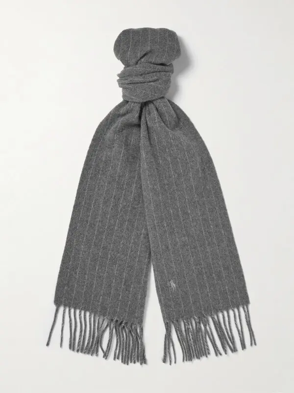 Polo Ralph Lauren Logo-embroidered Fringed Pinstriped Cashmere And Wool-blend Scarf - Gray