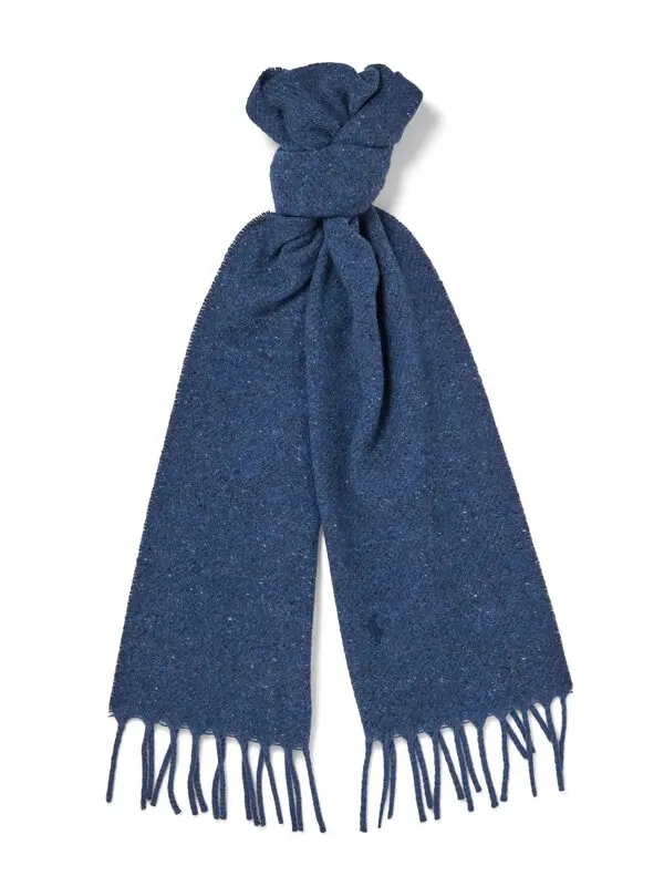 Ralph Lauren Logo-embroidered Fringed Wool-blend Scarf - Blue