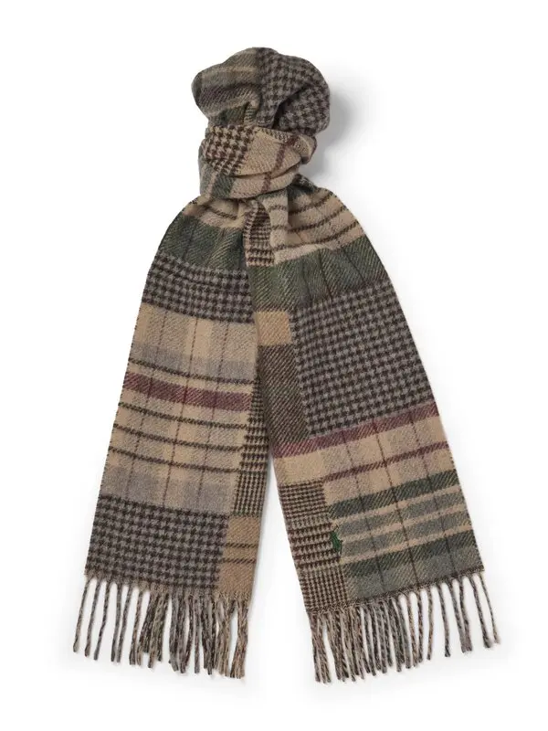 Ralph Lauren Logo-embroidered Fringed Patchwork Checked Recycled Wool-blend Scarf - Brown