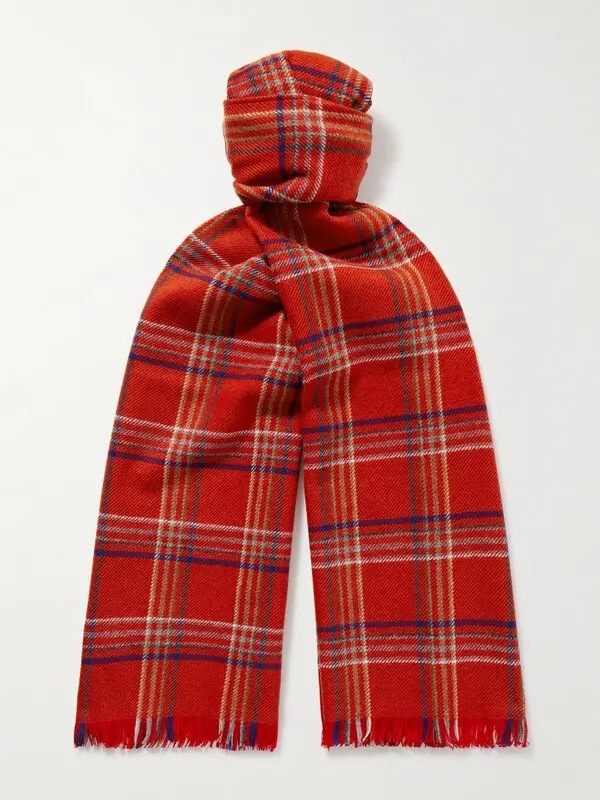 BODE Gable Checked Fringed Wool Scarf - Red