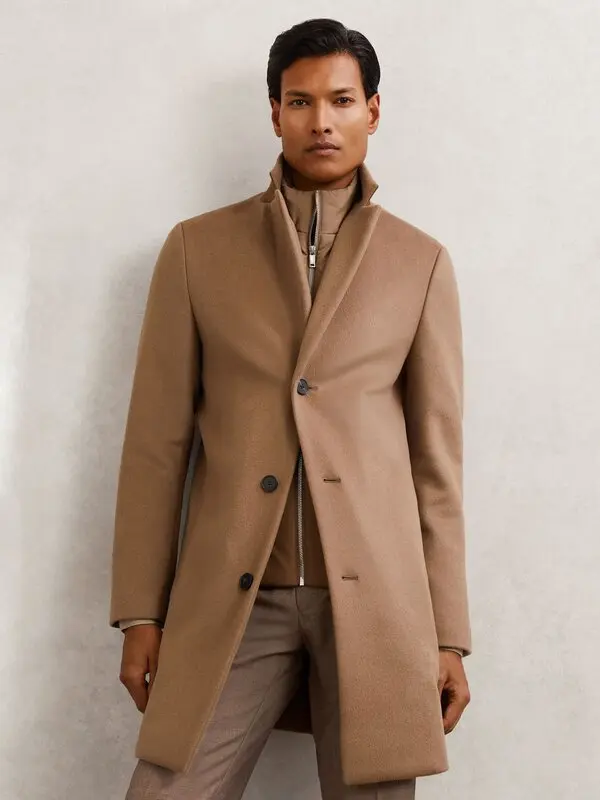 REISS Gable Wool-blend Overcoat With Internal Gilet - Light Brown